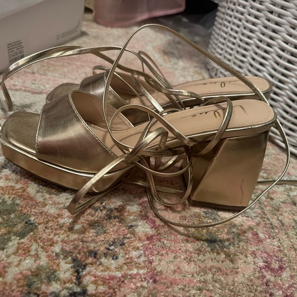 Shoes | Glamorous Gold Block Heel Sandals With Wraparound Straps | Poshmark